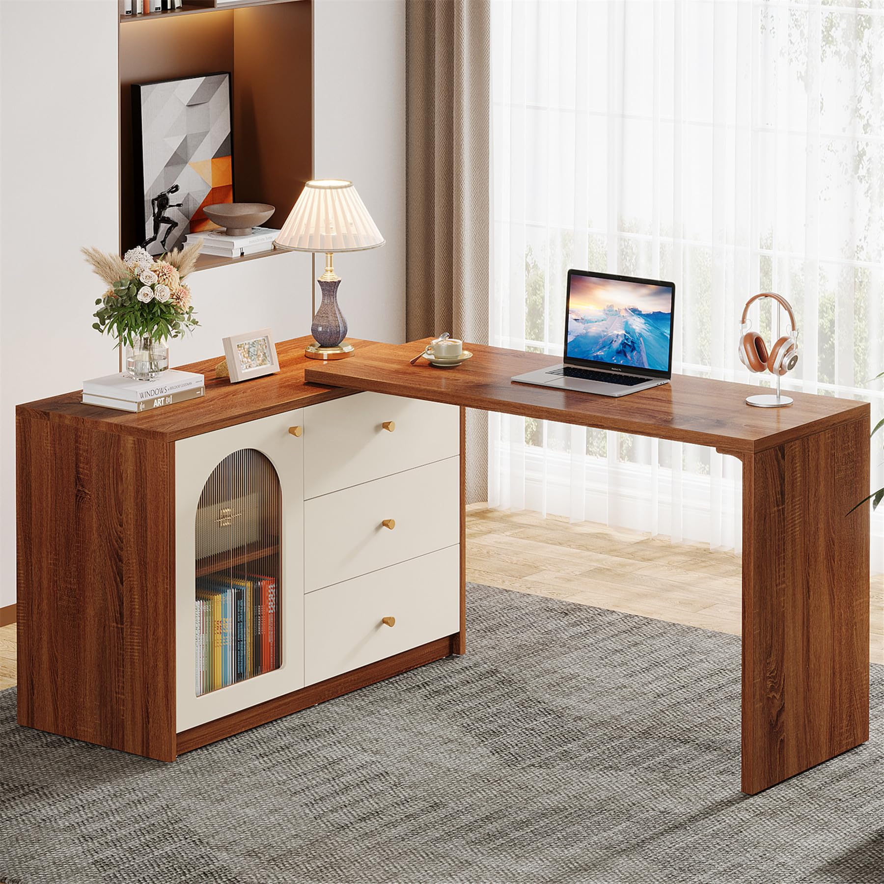 Tribesigns L Shaped Computer Desk with Drawers, Modern Corner Home Office Desk with Reversible Storage Cabinet, Long Study Writing Desk Workstation for Home Office, Black & White