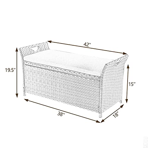 PEAK HOME FURNISHINGS Patio Wicker Storage Box, Outdoor Rattan Storage Bench Deck Bin with Cushion (Red)
