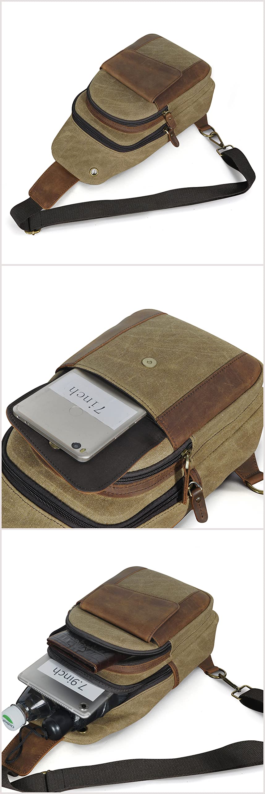 Le'aokuu Men Canvas And Genuine Leather Outdoor Casual Travel Hiking Waterproof Crossbody Chest Sling Bag Shoulder Strap Backpack 8013 (0 Brown)