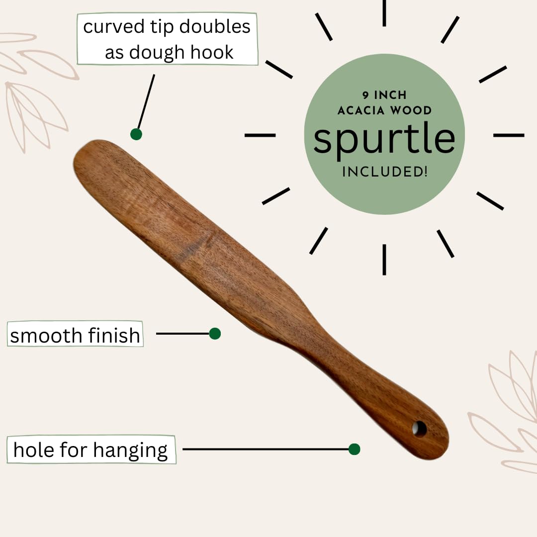 Sourdough Starter Kit - Sourdough Kit Includes Wooden Spurtle, Glass Jar w/ Bamboo Lid, Cloth & More - Non-Slip Silicone Base Sourdough Bread Baking Supplies - Bread Making Kit for Beginners & Pros