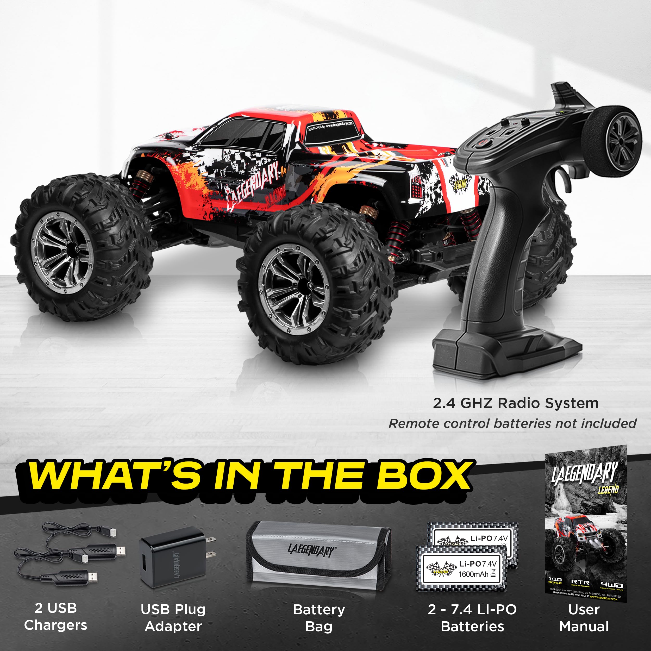 LAEGENDARY 1:10 Scale 4x4 Off-Road RC Truck - Hobby Grade Brushed Motor RC Car with Batteries, Waterproof Fast Remote Control Cars for Adults