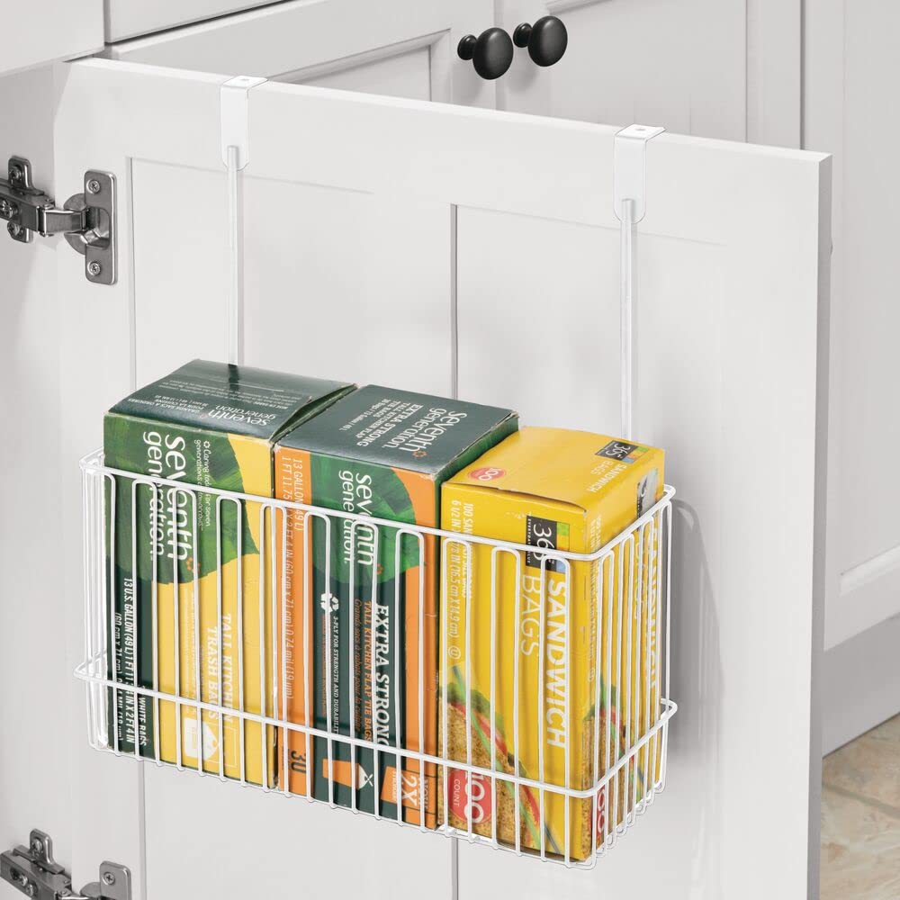 mDesign Metal Over Cabinet Kitchen Storage Organizer Holder or Basket - Hang Over Cabinet Doors in Kitchen/Pantry - Holds Bakeware, Cookbook, Cleaning Supplies - Steel Wire - White