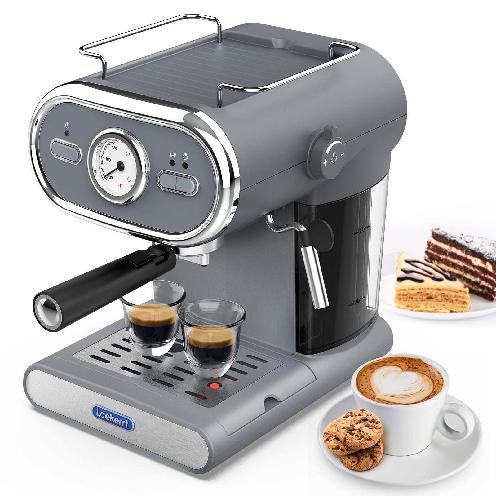 Laekerrt Espresso Machine with Visible Thermometer, 20 Bar Pump Pressure Home Coffee Machine with Milk Frother Steam Wand, 1100W Cappuccino Latte Coffee Maker, with 2 Stainless Steel Filter Cups