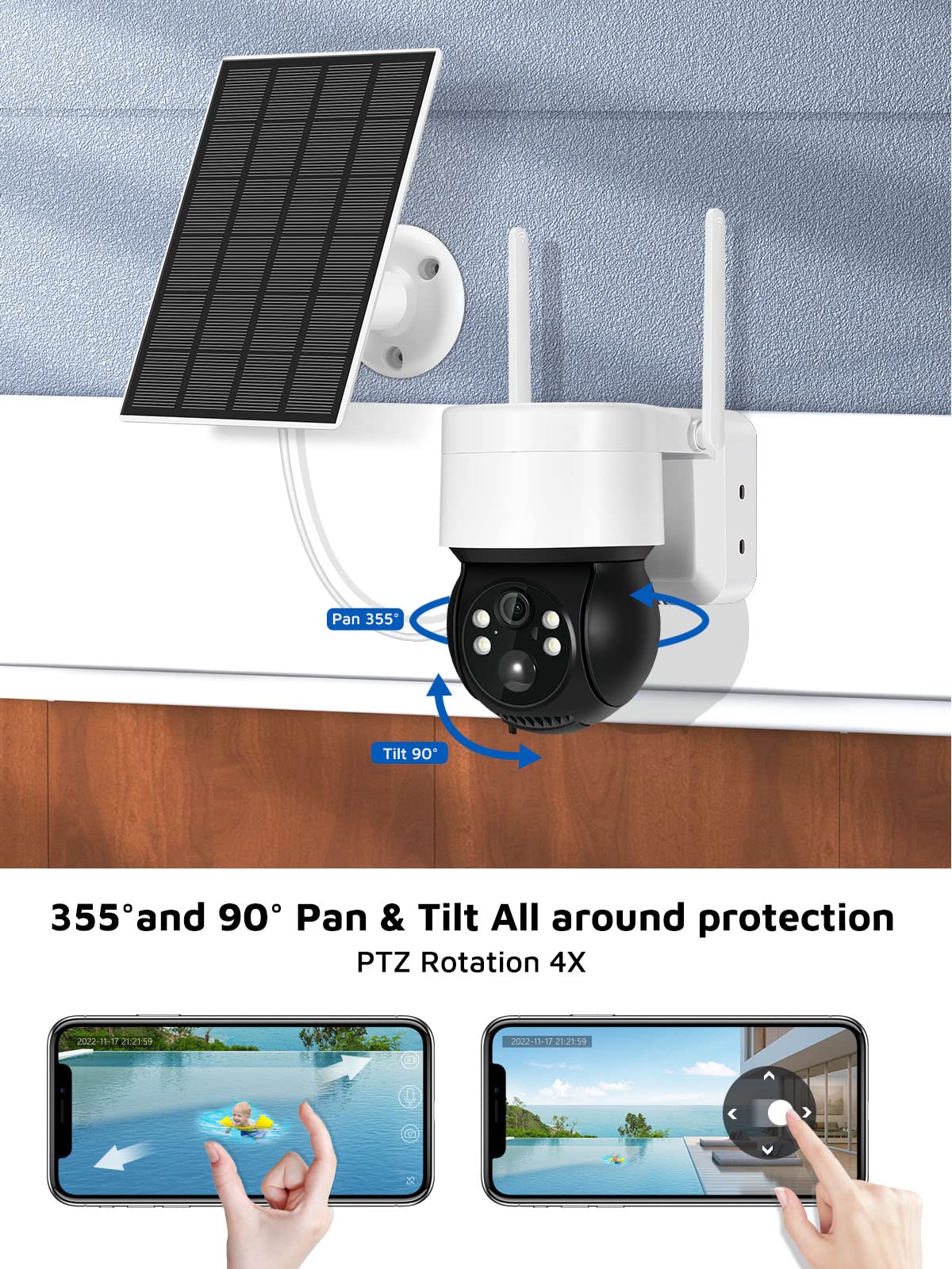 Reobiux Security Cameras Wireless Outdoor, Solar Camera 2.4Ghz WiFi Security Camera with PIR Detection & Siren, Solar Battery Powered, 2-Way Audio,Night Vision, IP66 Wireless Outdoor Camera