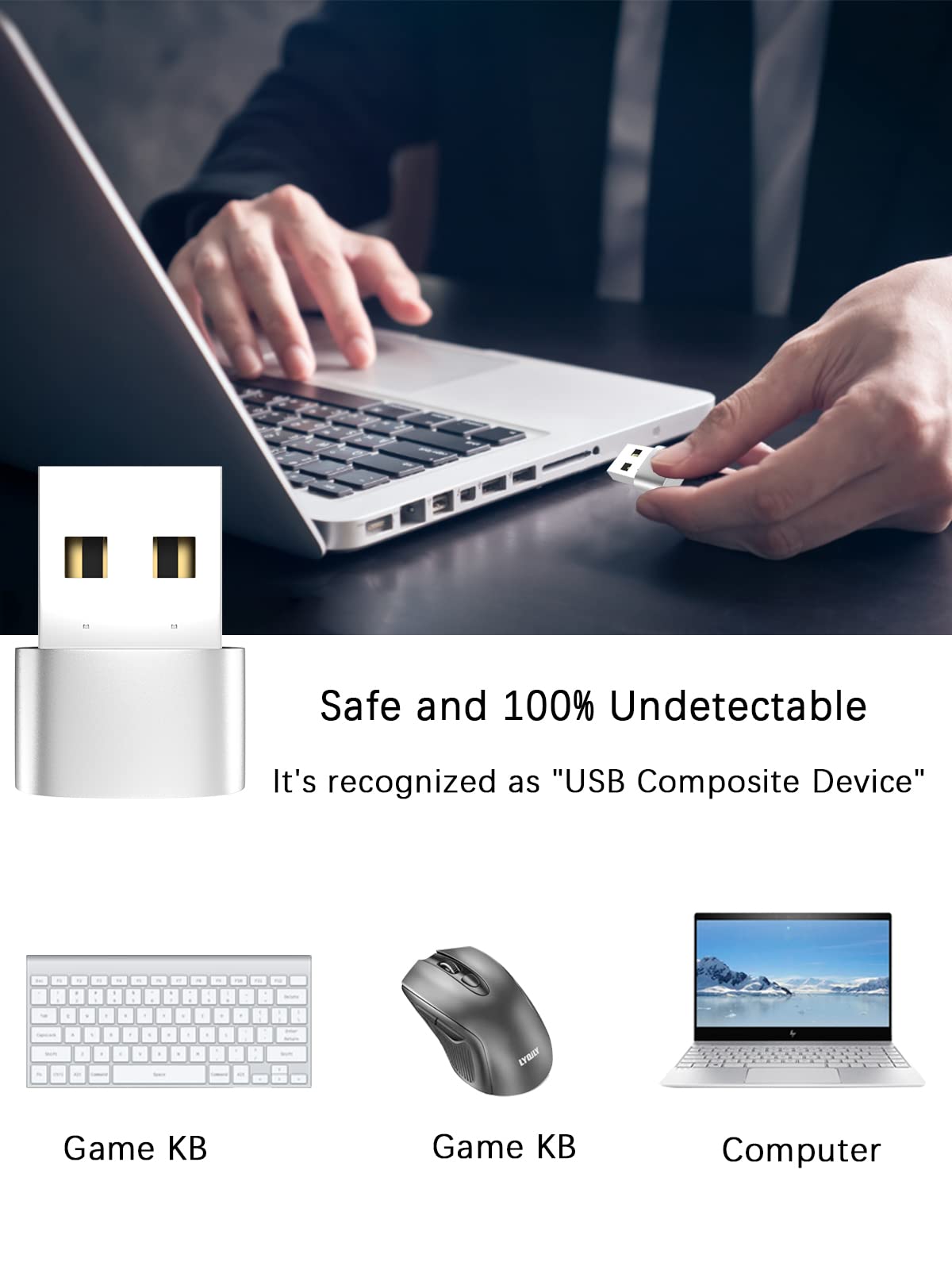 Mouse Jiggler,Movement to Keep Computer Awaking, Undetectable NO Software Required USB Mouse Jiggler Mover for Computer Laptop PC, Plug and Play with 2 Trail Modes,with USB-C Adapter, Al Alloy Silver