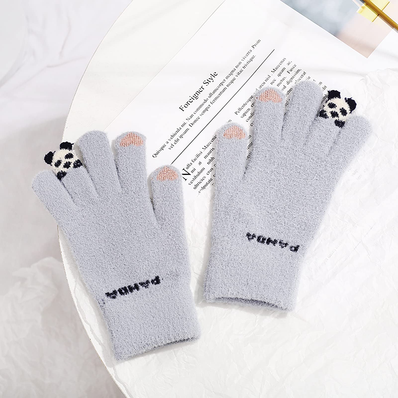 OhMill Touch Screen Cute Knitting Soft Gloves Lovely Panda Gloves for Cold Winter Windproof Cycling Hiking Running Gloves (Grey)