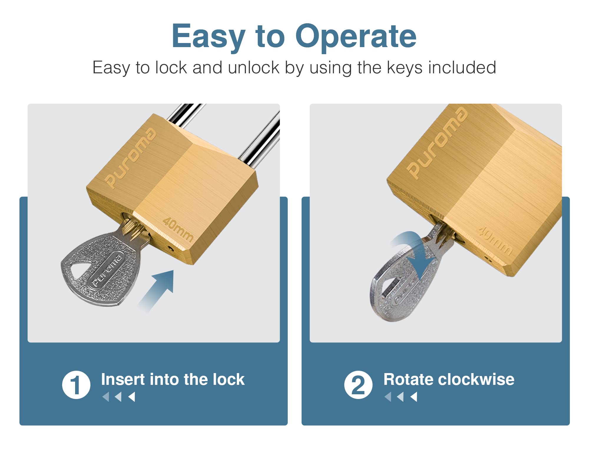 Puroma 1 Pack Keyed Padlock Waterproof Solid Brass Lock, 2.6 Inch Padlock with Keys for Sheds, Storage Unit School Gym Locker, Fence, Toolbox, Hasp Storage