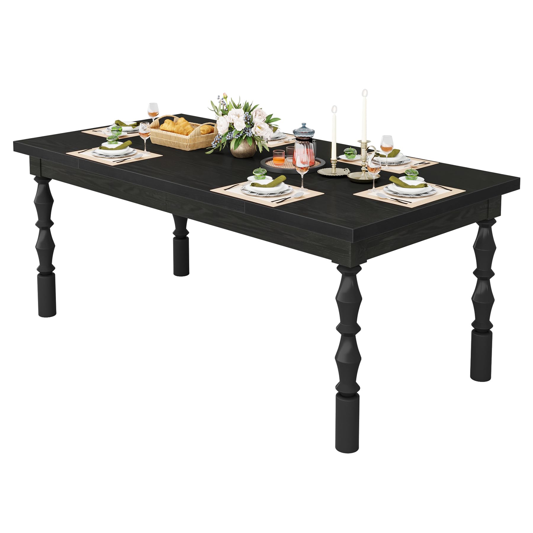 Tribesigns Wood Black Dining Table for 4-6 People, 62β Farmhouse Large Rectangle Kitchen Table, Modern Dinner Table Kitchen & Dining Room Furniture with Carved Turned Legs