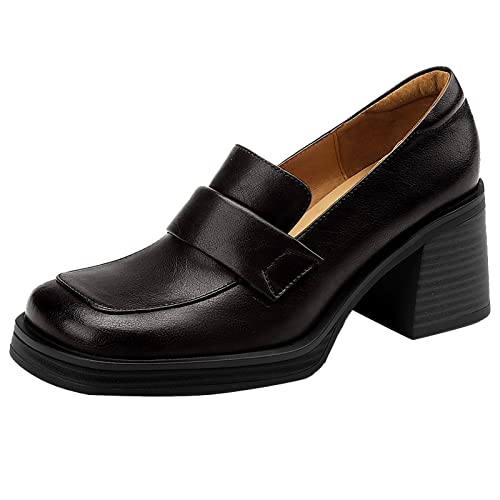 Leisure Women Artificial Leather Solid Color Autumn Thick Sole Square Heels Slip On Mens Slip on Winter Shoes Casual Black