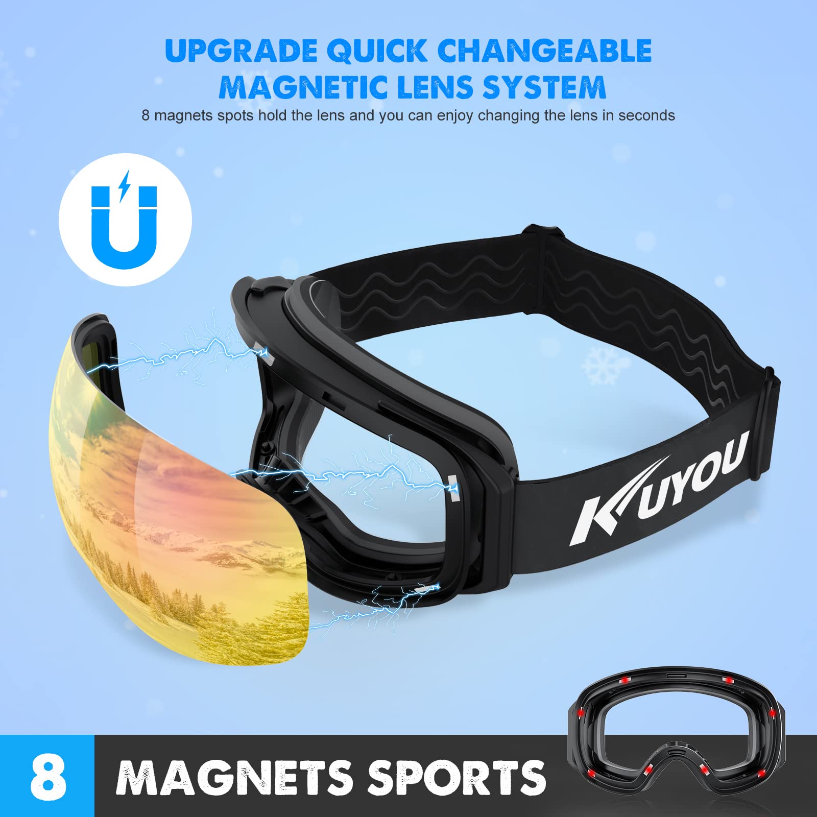 KUYOU Ski Goggles, Snowboard Goggles, Mag-Pro Magnetic Interchangeable Lenses, UV400 Protection Snow Goggles for Men & Women
