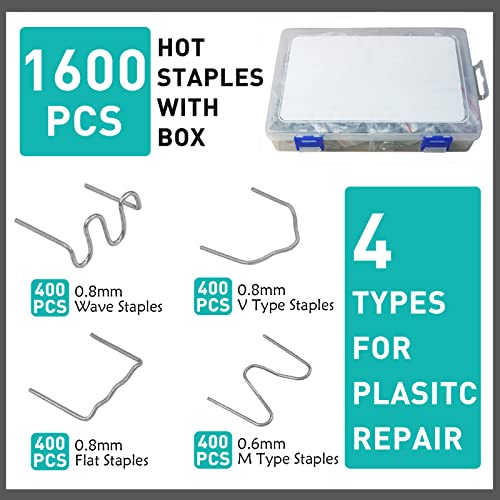 OIMERRY 1600PCS Hot Staples with Storage Box, Plastic Repair Staples Wave Flat V M 4 Types Hot Staples for Hot Stapler Plastic Wleding Kit Plastic Welder