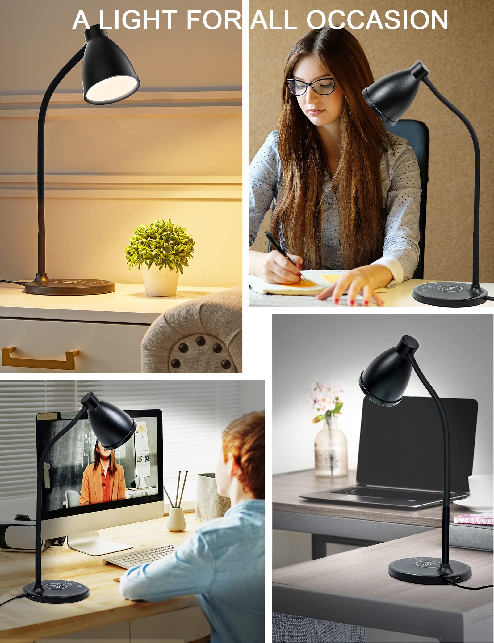 Libreath Desk Lamp with USB Charging Port Table Lamp Wireless Charger Dimmable Dorm Lamp 5 Colors 7 Brightness Levels Touch Bedside Table Lamps Gooseneck Reading Light for Home Office