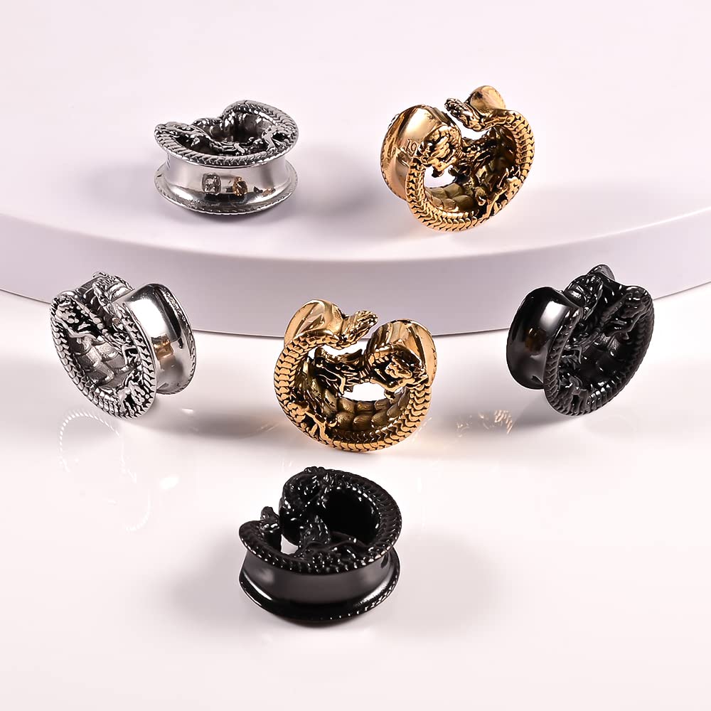 Maxbott 2PCS Stainless Steel Ear Plugs Dragon Saddle Tunnels Ear Gauges Piercing Body Jewelry (19mm(3/4"), Gold)