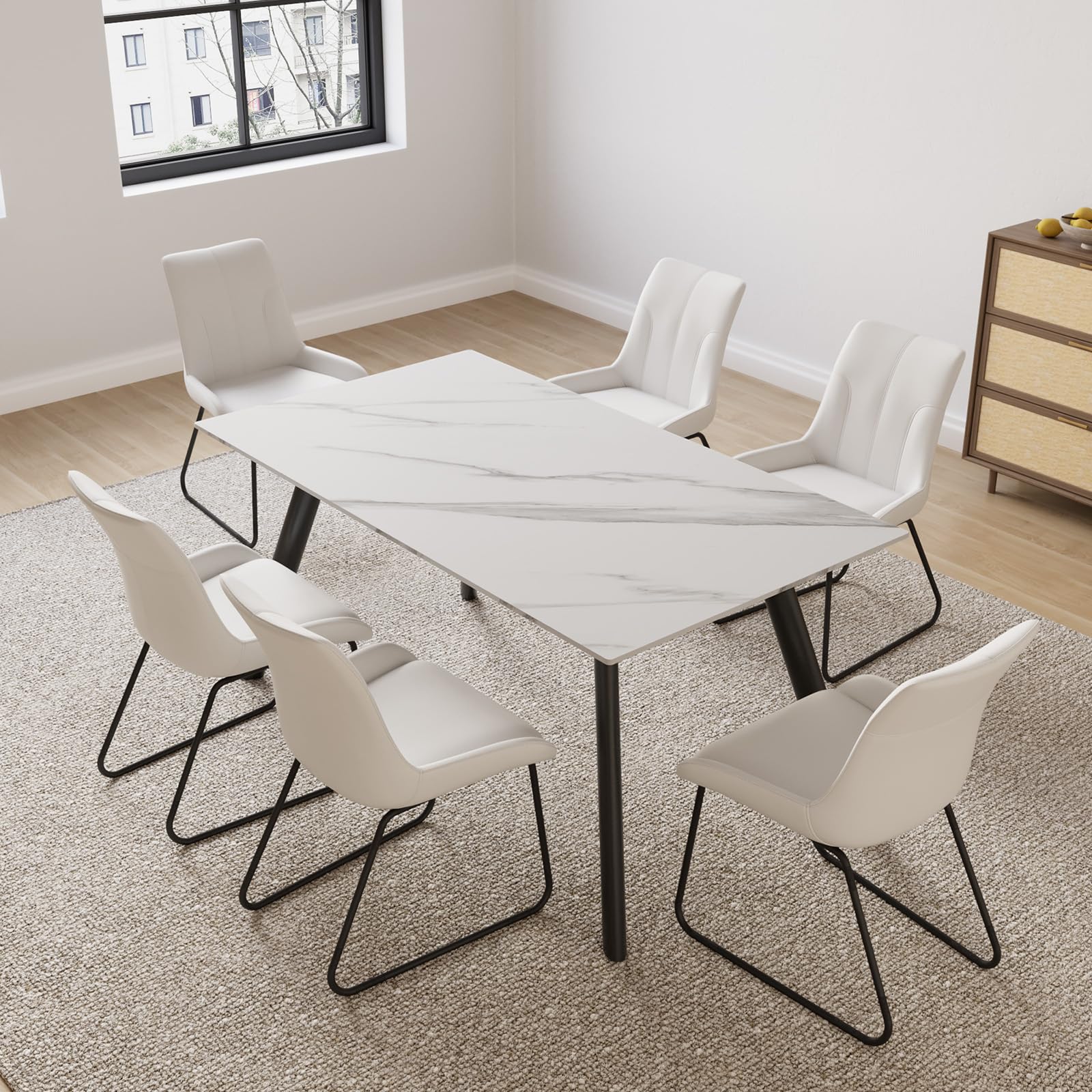 HIPIHOM Modern Dining Table Set for 6, Rectangular White Dining Sintered Stone Table and Chairs Set 6 for Home, Kitchen, Living Room, Dining Room (Table+6 Off-white Chairs)