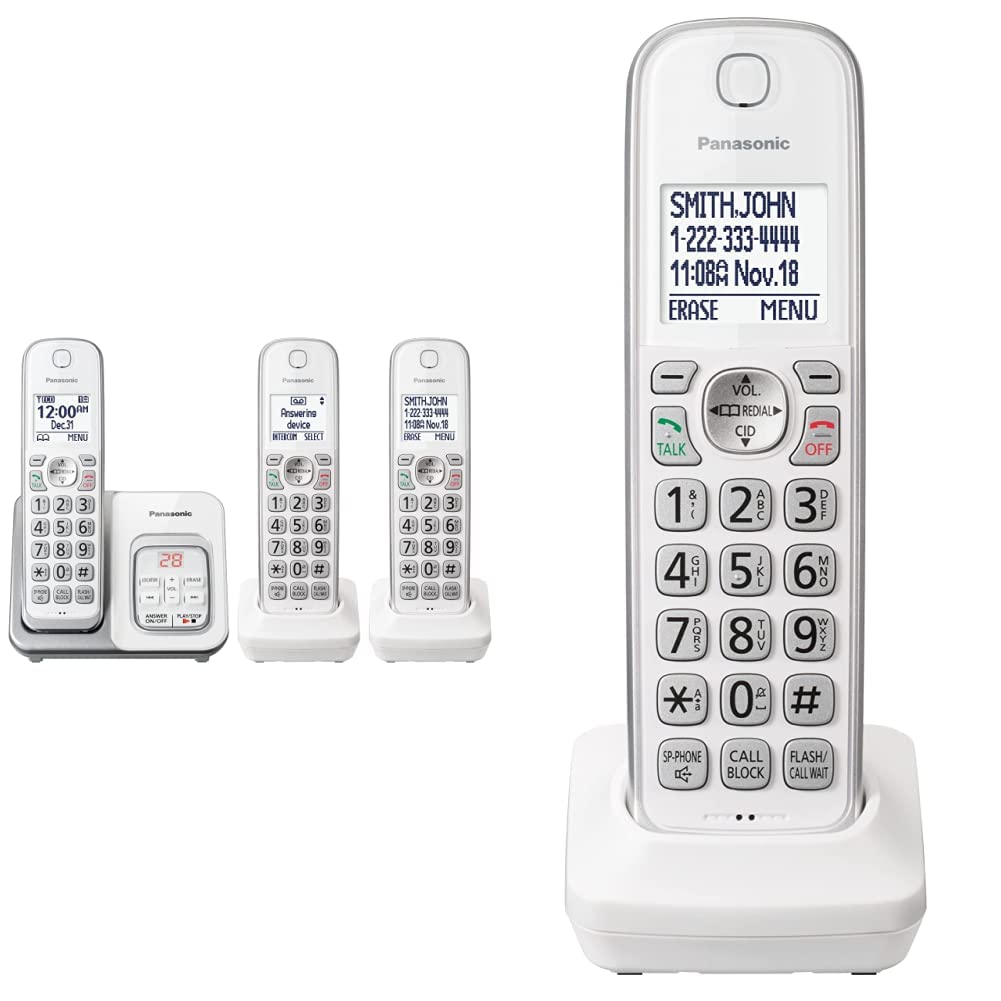 Panasonic Expandable Cordless Phone System with Answering Machine and Call Block - 3 Cordless Handsets & Additional Cordless Phone Handset for use with KX-TGD63x Series Cordless Phone Systems