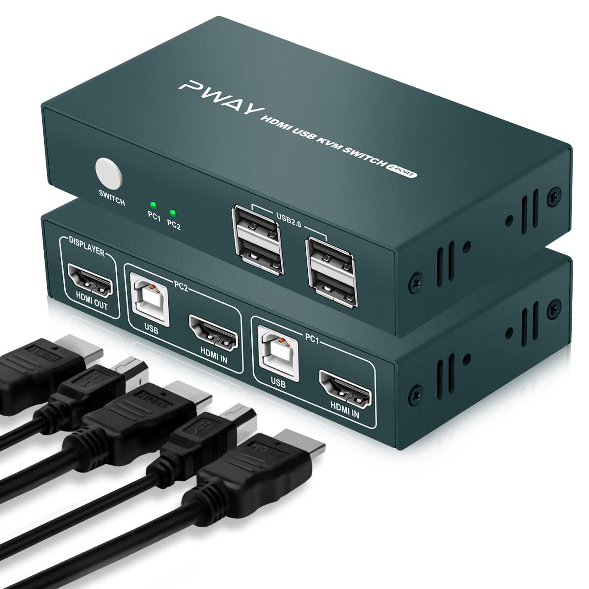 KVM Switch HDMI 2 Port, 4 USB 2.0 Hub, UHD 4K@30Hz, Support Wireless Keyboard and Mouse, No Power Require, with HDMI and USB Cables