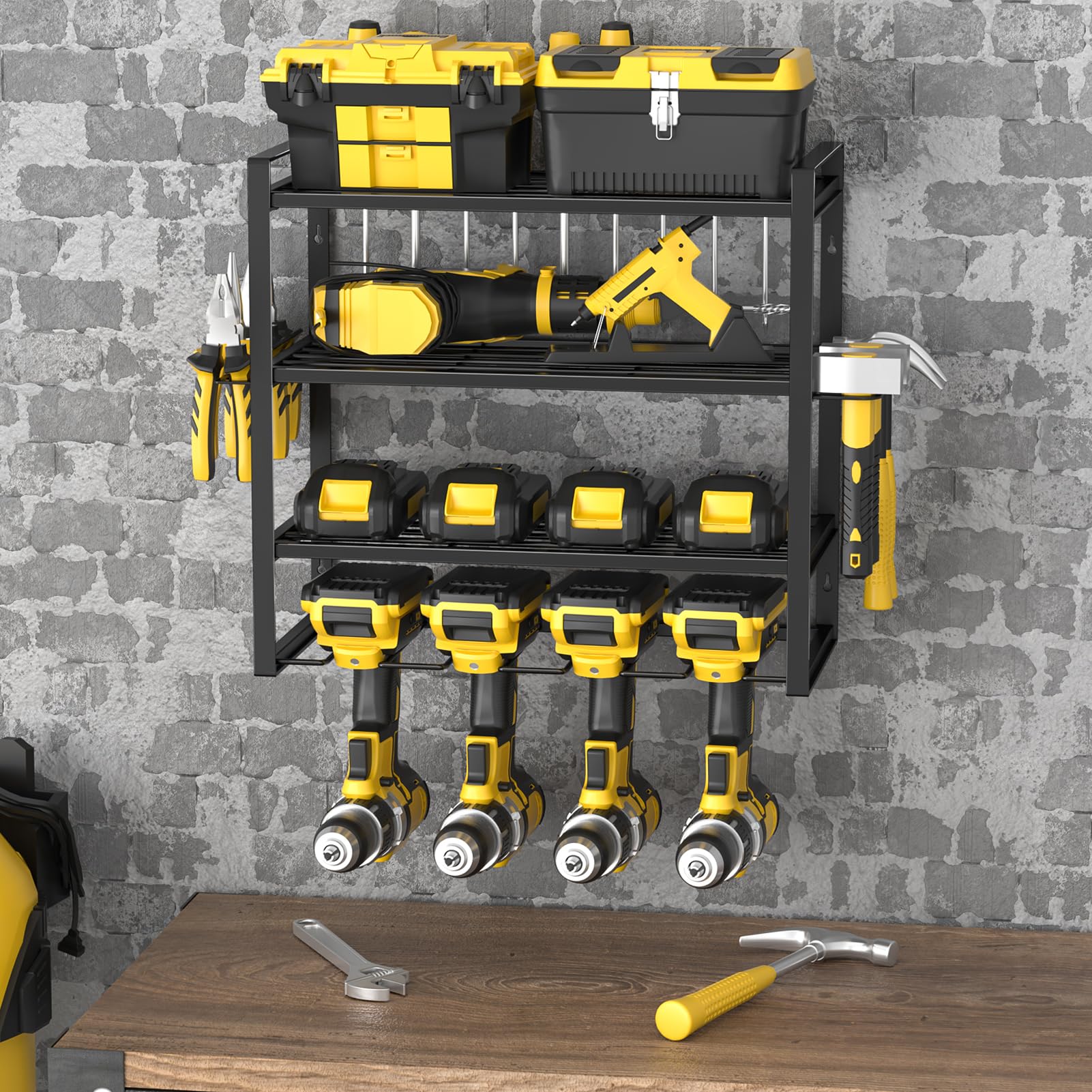 SPACECARE Power Tool Organizer,4 Drill Holders Wall Mount, 4 Layers Garage Organization Floating Cordless Drill Holder Heavy Duty Tool Organizers Utility Rack Floating Tool Shelf for 4 Drill Holders