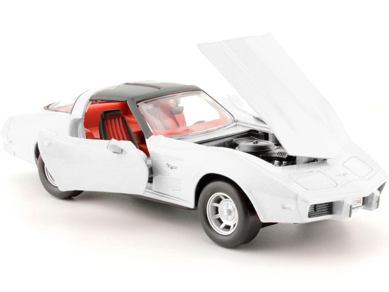 Motormax Toy 1979 Chevy Corvette C3 White with Black Top and Red Interior History of Corvette Series 1/24 Diecast Model Car by Motormax 73244