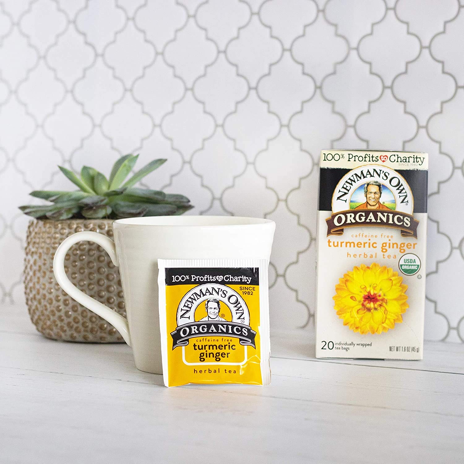 Newman’s Own Organic Turmeric Ginger Herbal Tea Caffeine-Free May Aid Digestion and Boost Immunity Turmeric Tea with20 Individually Wrapped Tea Bags Per Box (Pack of 4) USDA Certified
