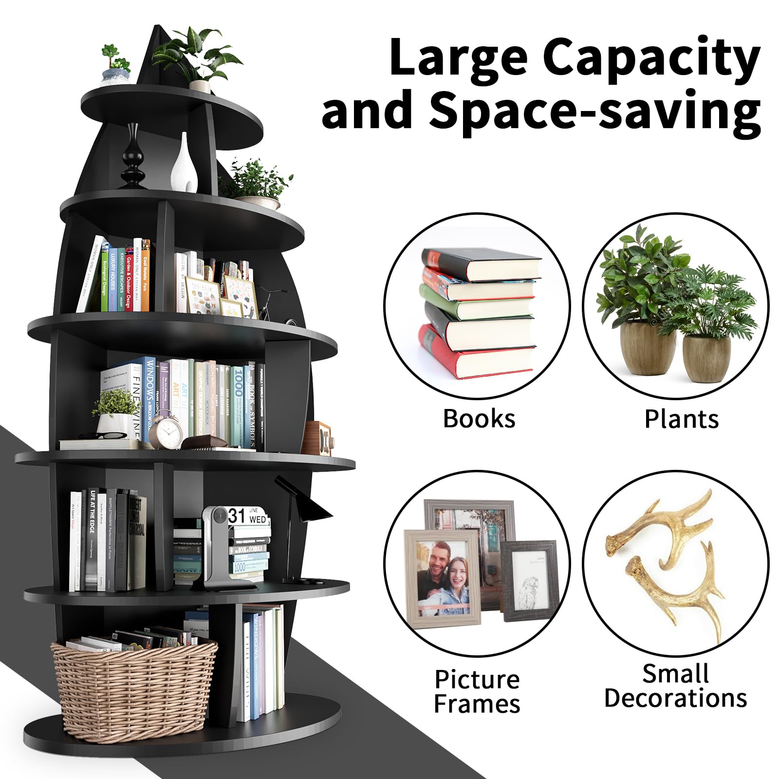 Yeyawomy 71" Tall 6 Tier Bookshelf Sailboat 360 Degree Display Floor Standing Bookcase Storage Rack for Kids&Adults Multi-Functional Bookshelf Organizer