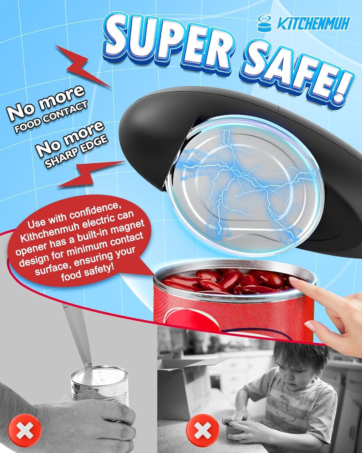 One Touch Electric Can Opener Fits Almost All Can Sizes for Seniors with Arthritis, Hand Held Battery Operated Can Opener with Smooth Edge, Food Safe Kitchen Gadgets Automatic Can Opener for Kitchen