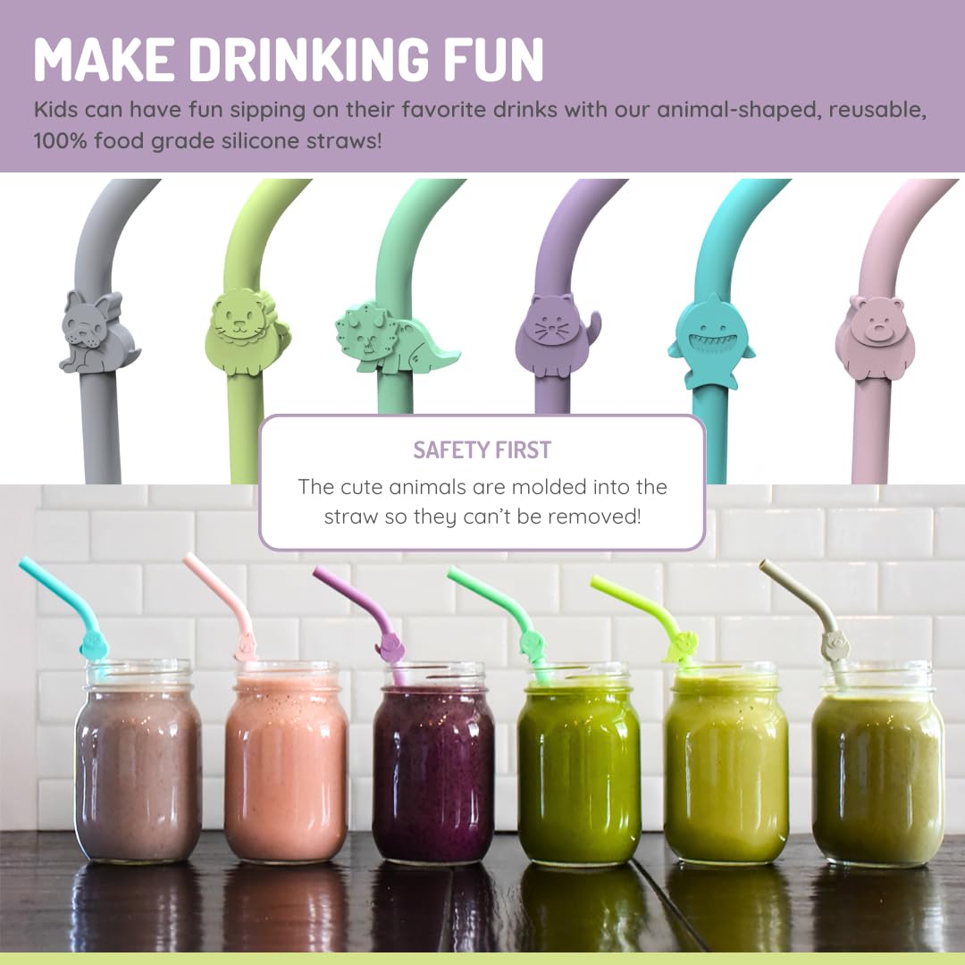 melii Reusable Silicone Animal Straws for Kids with Cleaning Brush – BPA Free, Dishwasher & Microwave Safe (12 Straws)