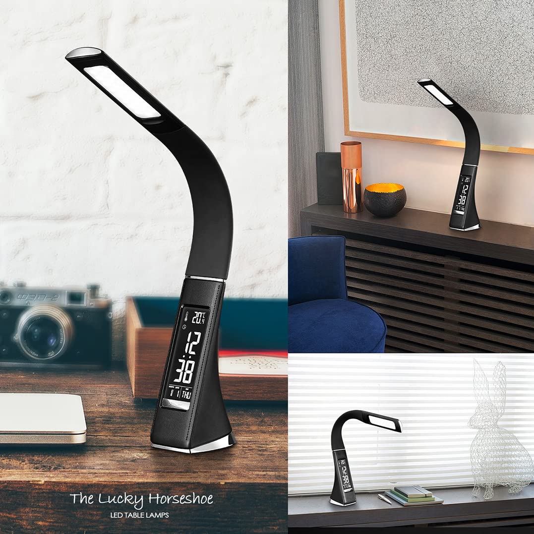 LED Desk Lamp Flexible Gooseneck with Clock Calendar and Temperature,Office Gift Ideas,Touch Dimmable Table Lamp with 3 Levels Brightness,Modern Light for Home Office and Dorm-Black (YF-U2)