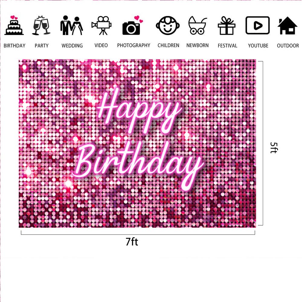 Lofaris Pink Flash Square Backdrop for Photography Happy Birthday Shinning Sequin Wall Panels Shimmer Wall Sweet 16 Girl Woman 20th 30th 40th Party Background Decorations Photo Studio Props 7x5ft