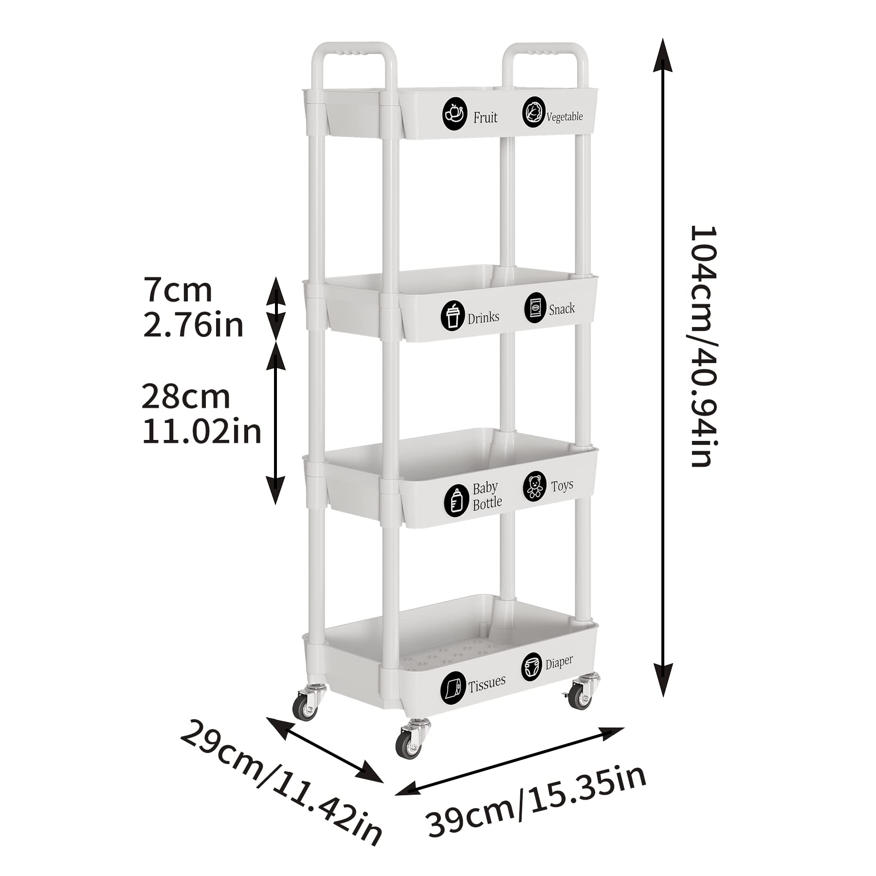Laiensia 4-Tier Storage Cart,Multifunction Utility Rolling Cart Kitchen Storage Organizer,Mobile Shelving Unit Cart with Lockable Iron Wheels for Bathroom,Laundry,Room,with Classified Stickers,White