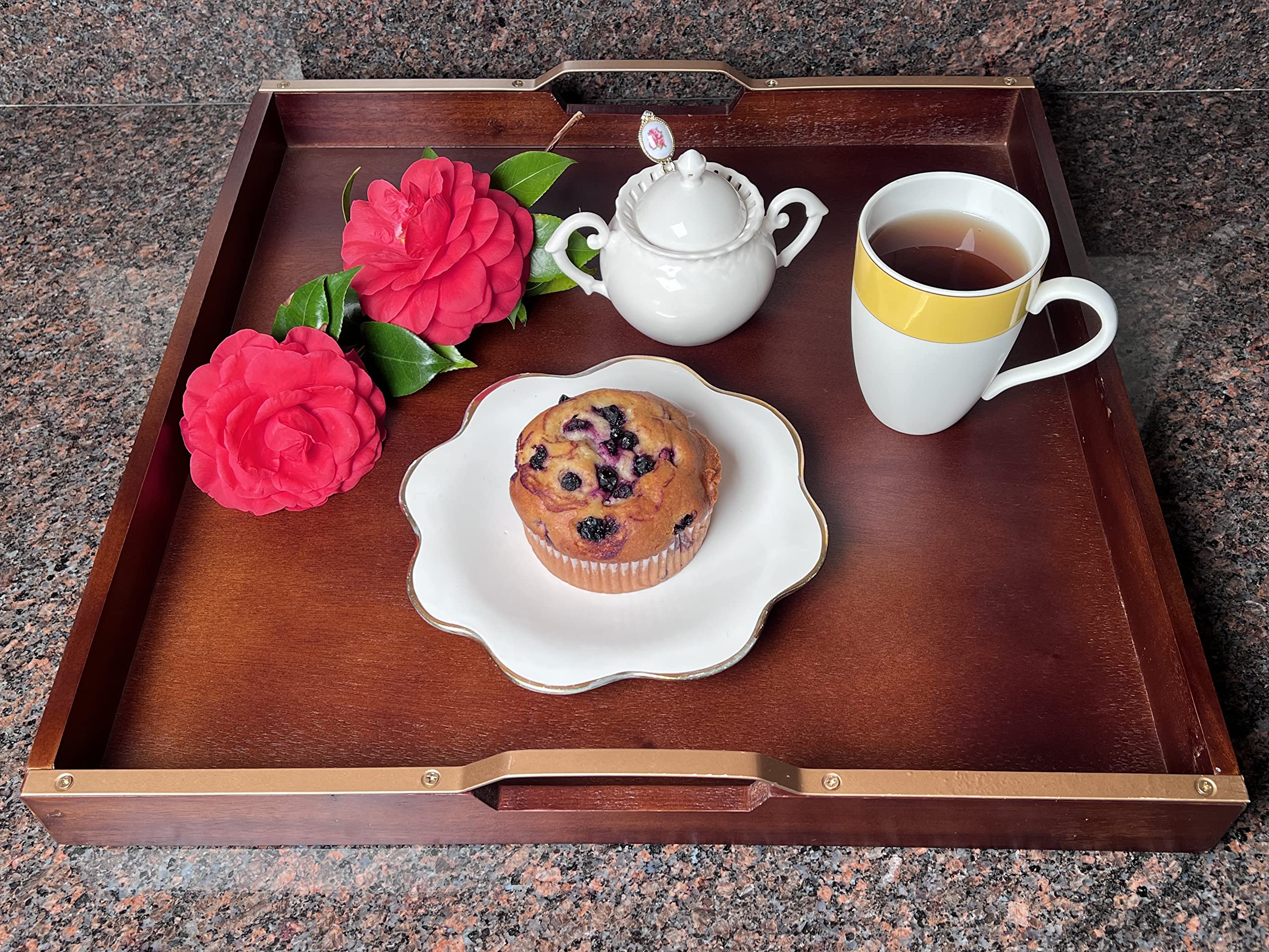 Mountain Woods Brown Large Wooden Serving Tray w/Copper Finished Handles | Coffee/Tea Tray | Decorative Kitchenware | Perfect Ottoman Tray - 20" x 20" x 2"