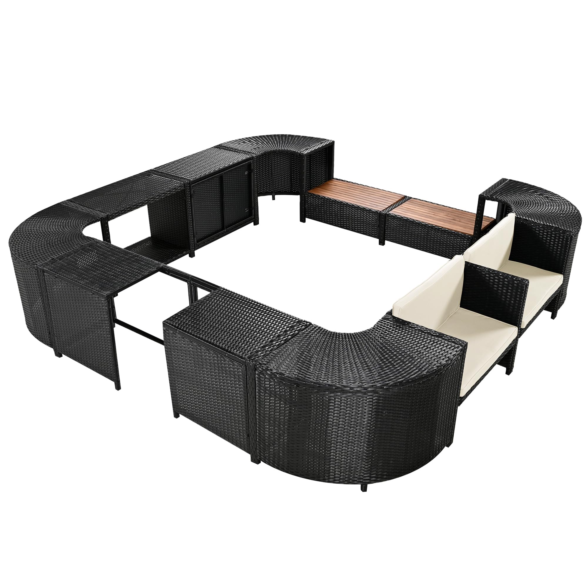 P PURLOVE Spa Surround, Quadrilateral Patio Rattan Sofa Set with Storage Spaces, Mini Sofa, Wooden Seats and Comfortable Cushions for Patio, Backyard (Beige)