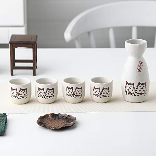 Mozacona Ceramic Lucky Cat Japanese Sake Set,1 Tokkuri Bottle and 4 Ochoko Cups