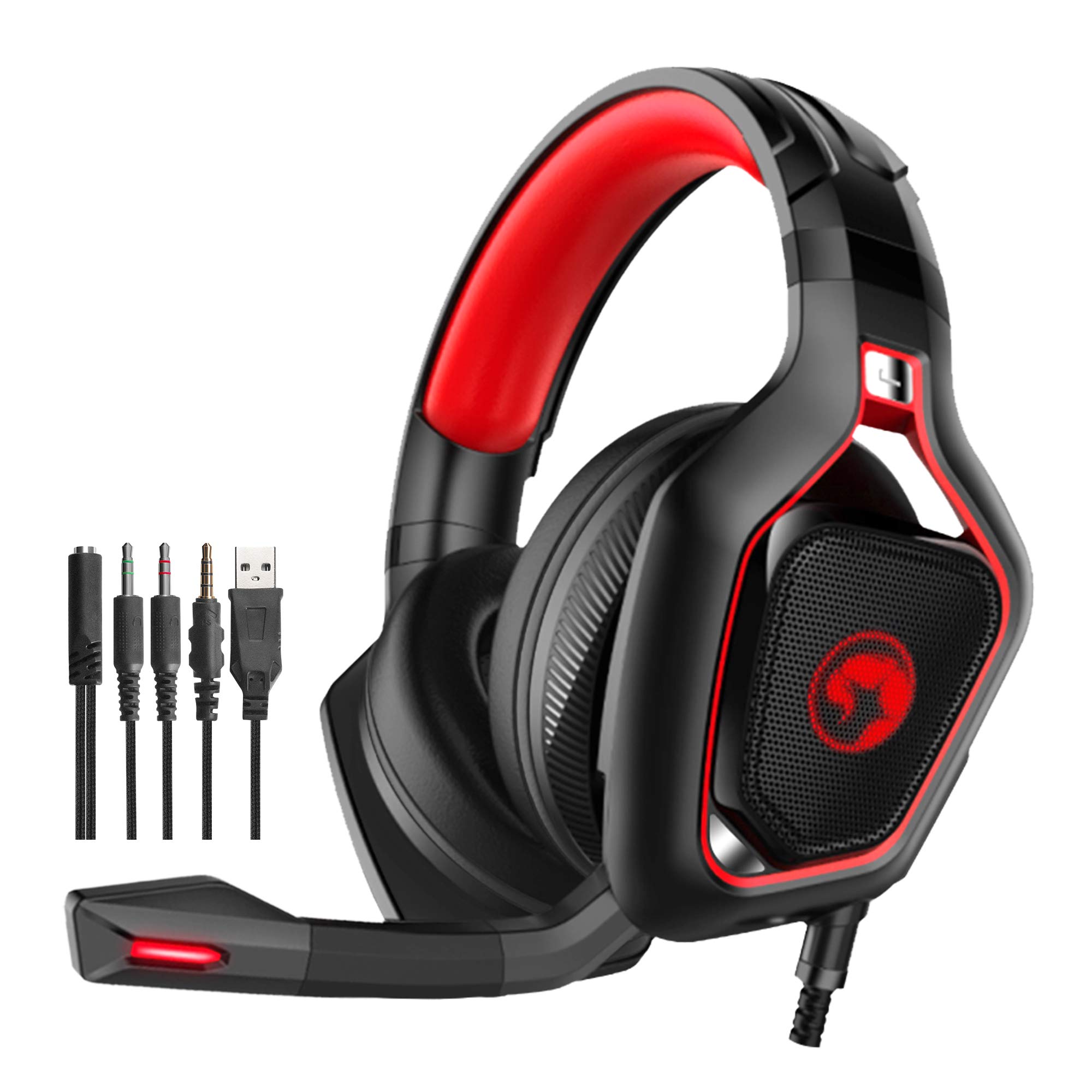 MARVO Gaming Headset with Microphone for Xbox One, PS4/5, PC, Gaming Headphones with 3D Stereo Sound, LED Light, USB + 3.5mm Jack, Comfortable Leather Ear Pad