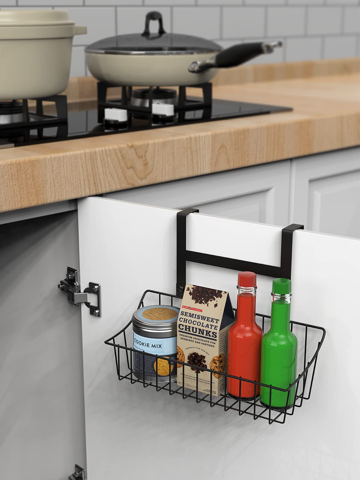 MaraFansie Grid Storage Basket, Over the Cabinet Door Organizer, Wire Hanging Basket with Hook Over the Cabinet/Railing, Under Sink Kitchen Cabinet, Pantry, Bathroom, Small, Black, 2 Pack