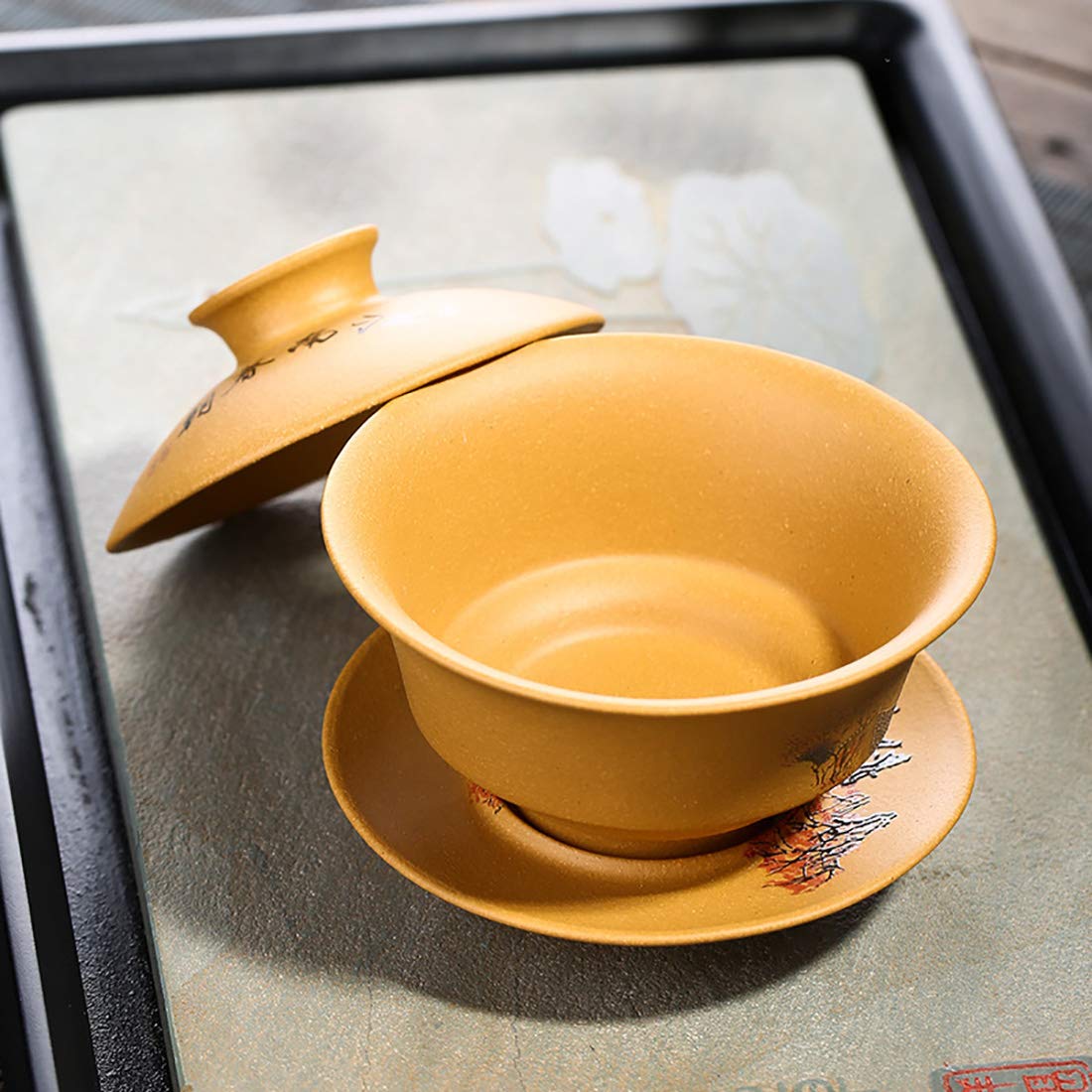 MULHUE Hand-painted yixing tea cup,Chinese Traditional Teaware Zisha Porcelain Gaiwan Kungfu Tea bowl with Lid and Saucer-135ml/4.6oz