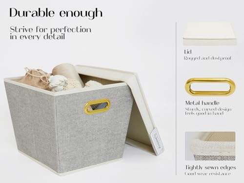 LoforHoney Home Trapezoid Fabric Storage Bins with Lids for Organizing, Foldable Storage Boxes with Lids for Shelves, Closet Storage Bins, Light Gray & Beige, 2-Pack