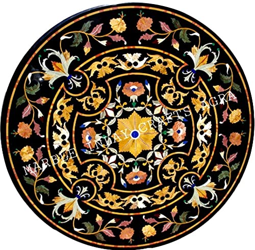 Pietra Dura Natural Black Marble Round 33" x 33" Inch Coffee Table Top, Black Marble Round Dining Table Top, Marble Centre Table Top, Piece Of Conversation, Family HeirLoom