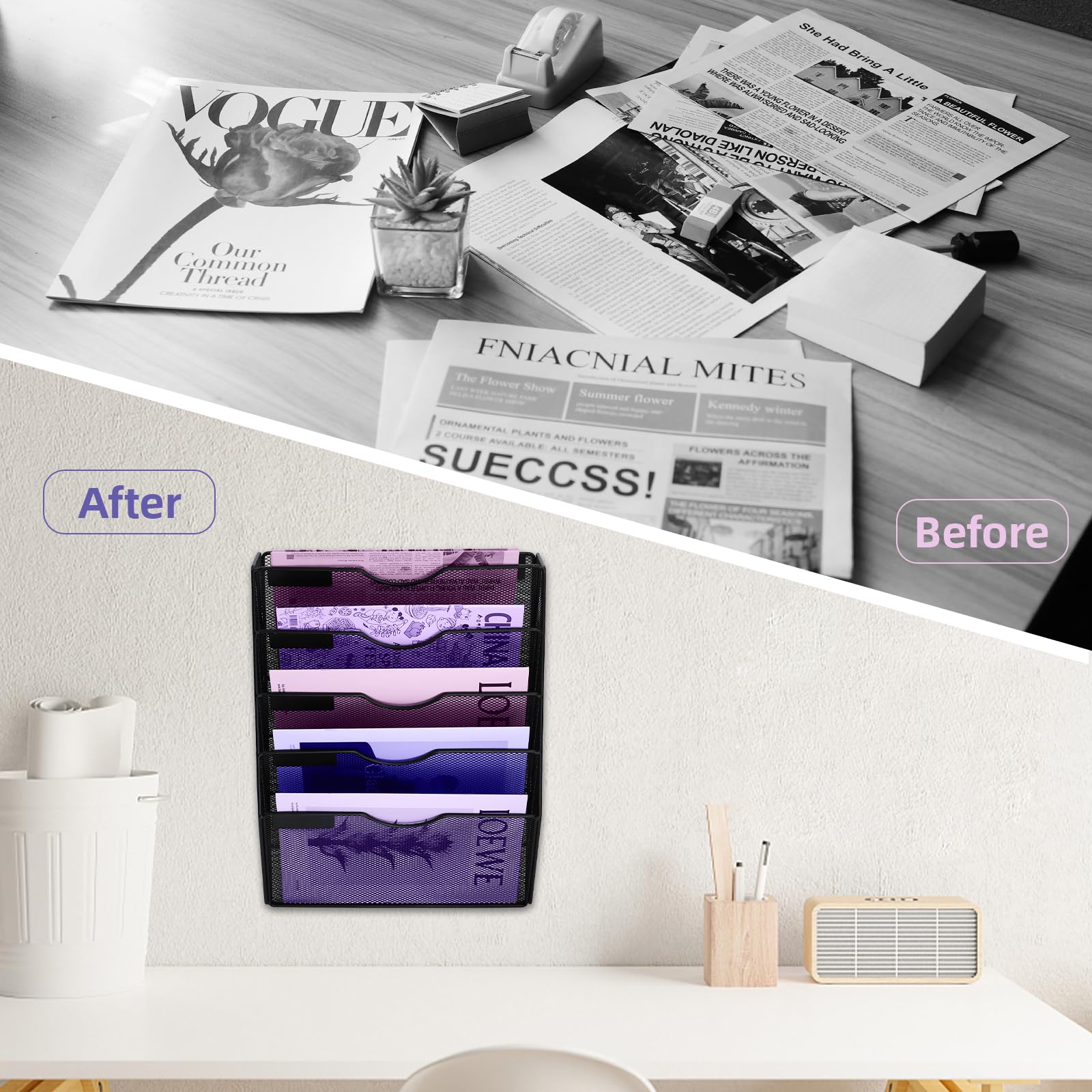 HMXLJJY Wall File Organizer 5 Pockets,Wall Mail Organizer,Vertical Wall Mounted Mesh Hanging File Holder Organizer,Mail Holder,Paper Organizer,Magazine Rack,Wall Organizer for Office Home(Black)