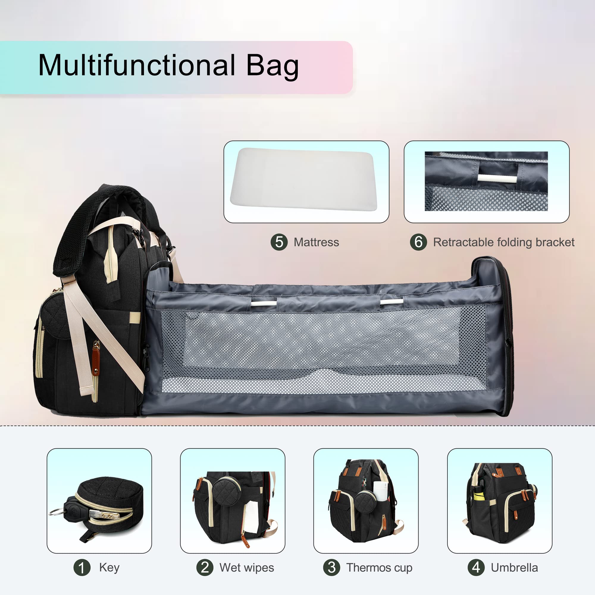 SALIFA Diaper Bag Backpack with Changing Station, 3 in 1 Baby Diaper Backpack with Foldable Changing Pad, Large Waterproof Travel Back Pack for Moms Dads, Black