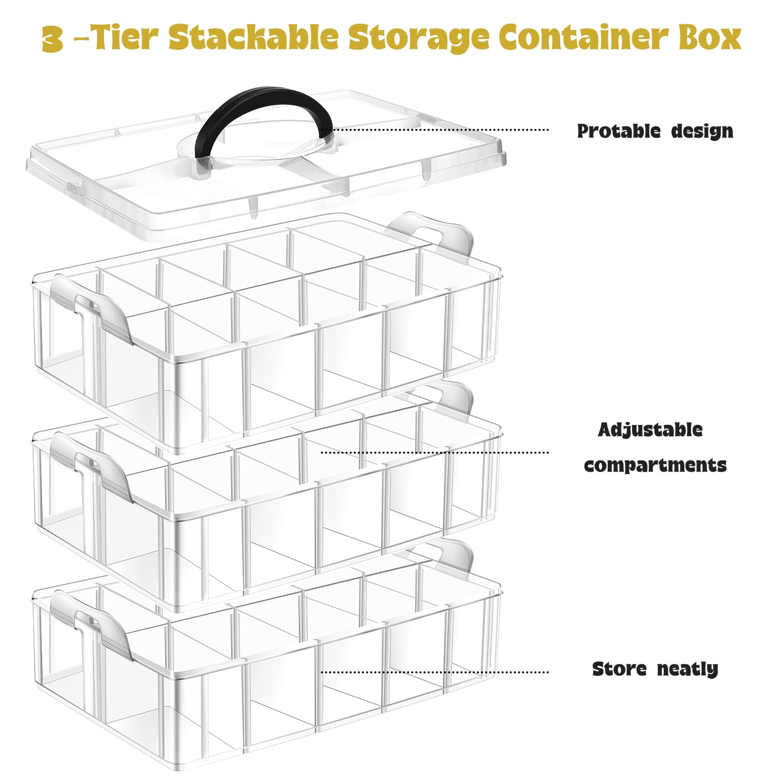 Teenyyou 4 Pcs 3 Tier Stackable Craft Organizers and Storage Bead Organizers with 30 Adjustable Compartments Storage Box Jewelry Making Organizers and Storage for Arts, Jewelry, Dolls, Washi Tape