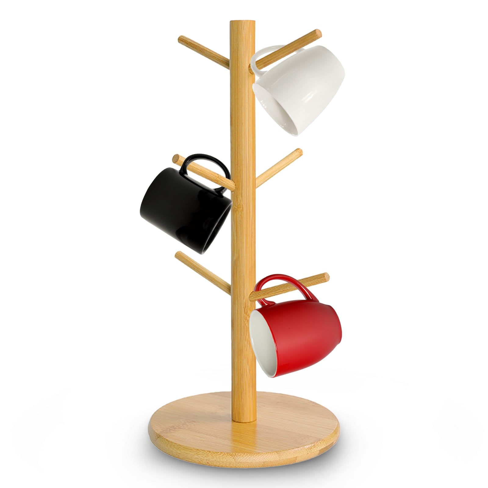 Roucerlin 1 Pack Wooden Coffee Mug Tree, Mug Holder Tree with 6 Hooks, Self-Mounting Mug Tree for Counter, Coffee Mug Stand Rack for Kitchen, Living Room, Coffee Station, Bar (Wood)