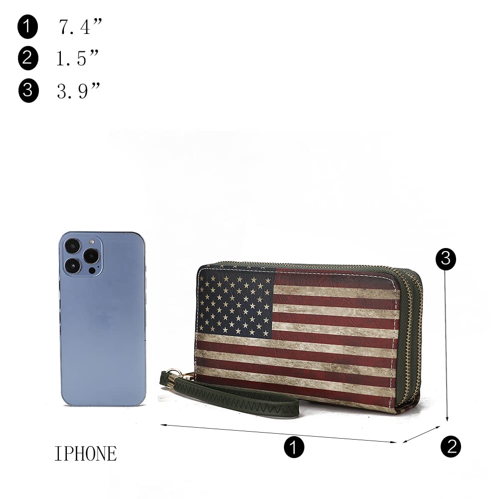 MKF Collection USA Wristlet Wallet for Women's, American Flag Vegan Leather Double Zipper Multi Pocket Small Patriotic Purse