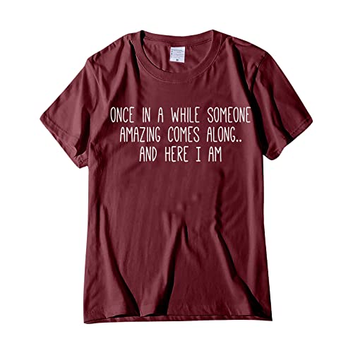 NOKMOPO Women's Summer Fashion Casual T-Shirt Cute Pattern Round Neck Short Sleeve Shirt Top Comfortable Breathable Basic Pullover Tops(C-Wine,Large)