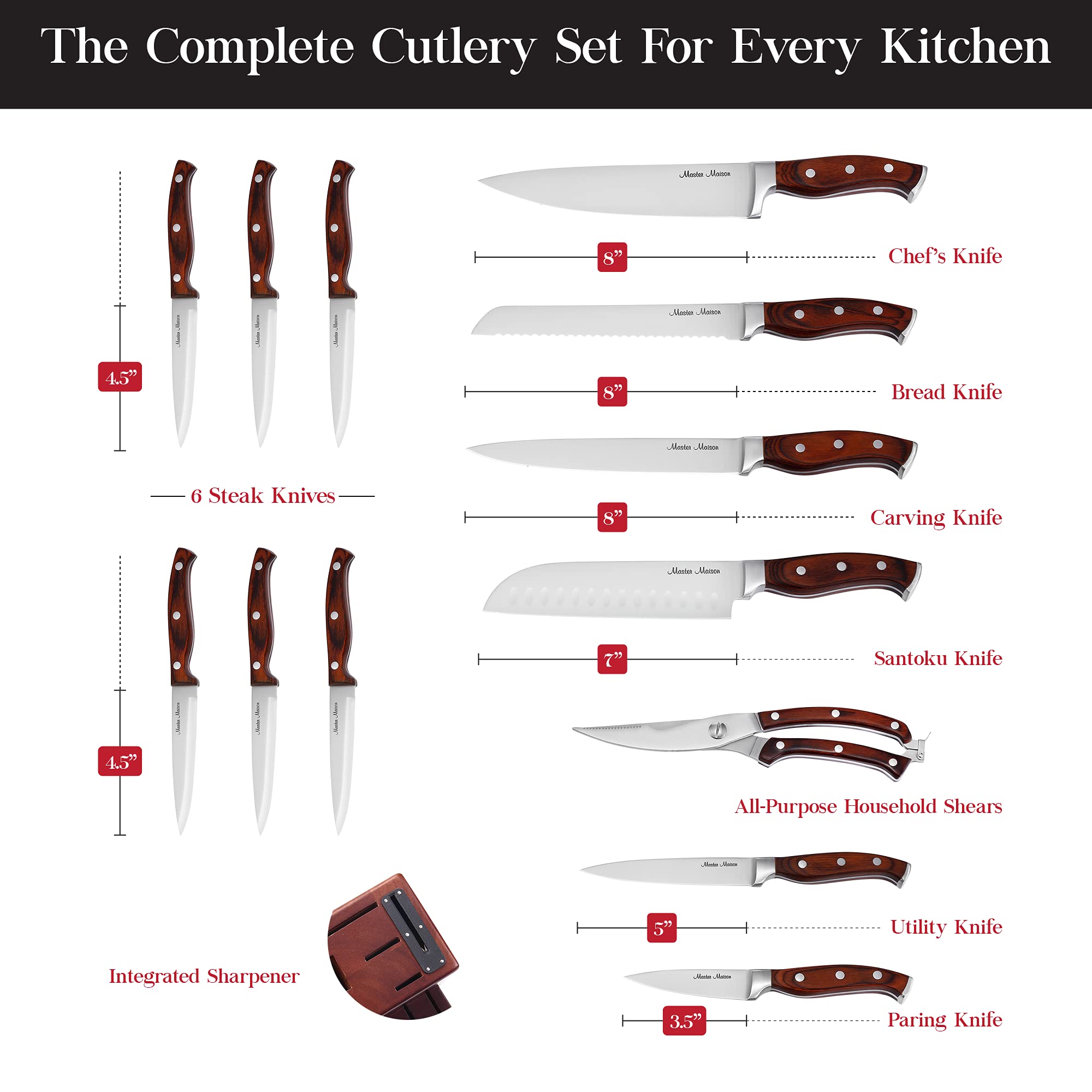 Master Maison Walnut Kitchen Knife Set With Wood Knife Block & Bonus Cleaver | German Stainless Steel Knives With Knife Sharpener & 6 Steak Knives | Professional Butcher Block Knife Sets For Kitchen