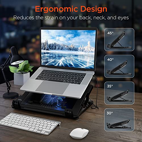 Laptop Cooling Pad Stand Built-in Quiet Fans, USB Ports, Adjustable Heights Ergonomic Comfortability Notebook Riser All Laptops MacBook Pro Air & More