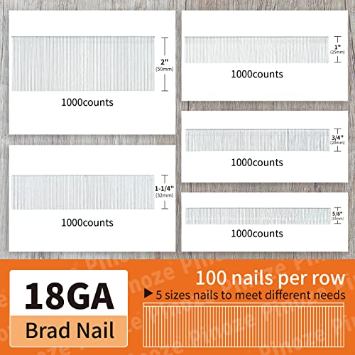 PINOZE 18 Gauge Brad Nails Galvanized, 5000-Count (2β, 1-1/4β, 1β, 3/4β, 5/8 Inch) 18GA Nail Gun Nails Assorted and Small Finishing Nails Assortment for Pneumatic, Electric Brad Nailer Gun