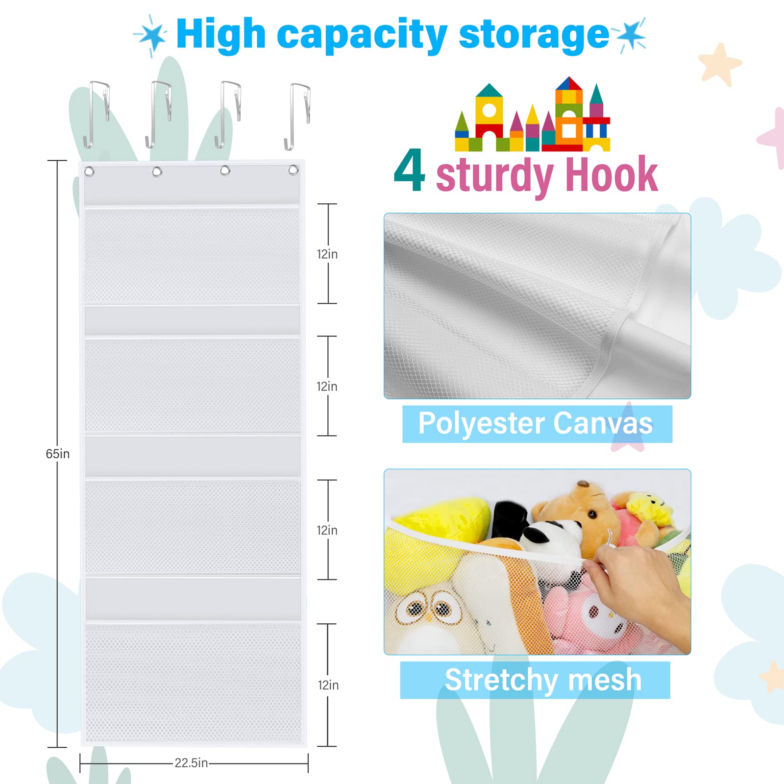 Roury Stuffed Animal Storage Over The Door Organizer Kids Room Storage Hanging Door Organizer Holder Net (white)