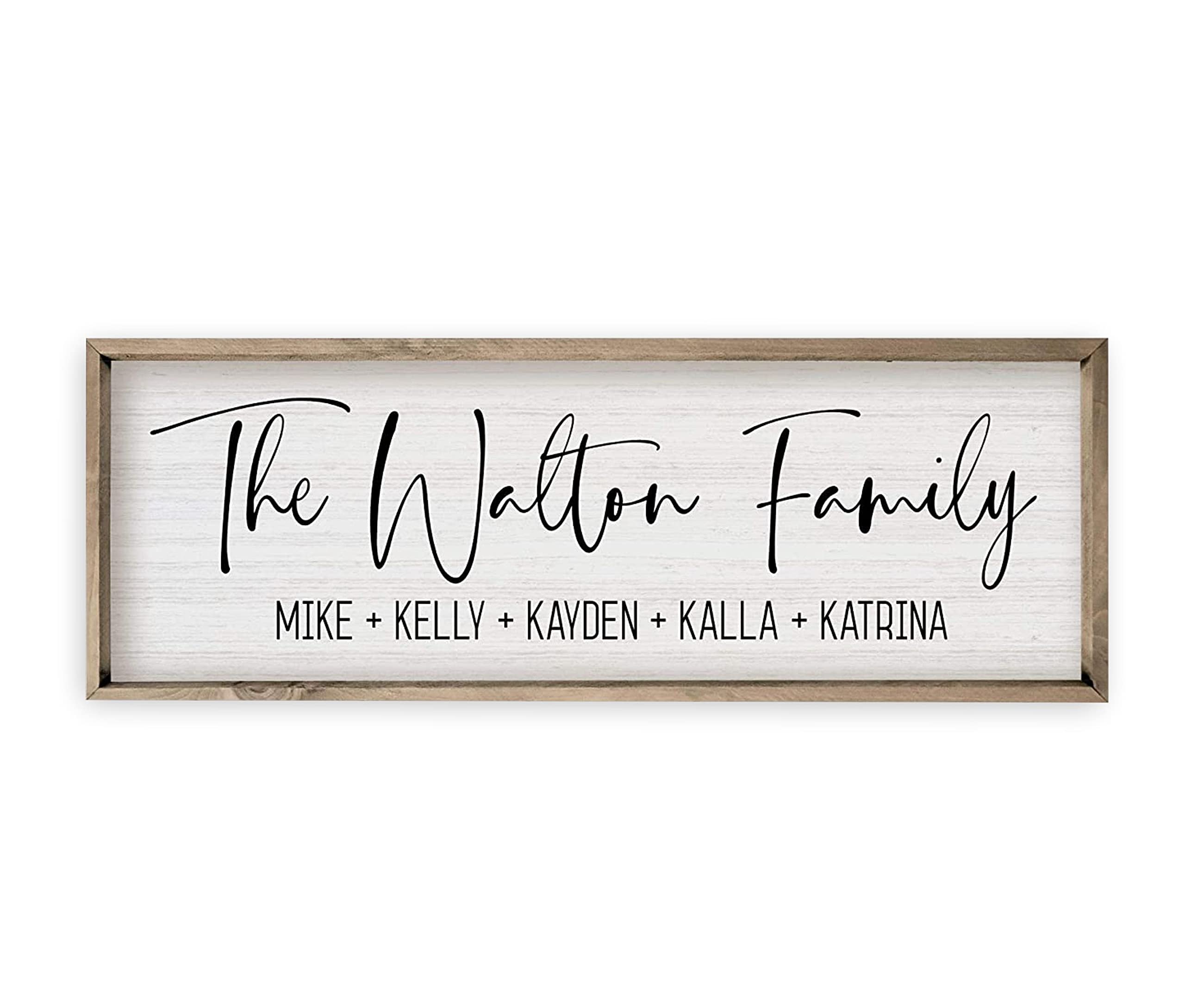 Personalized Framed Wooden Family Name Sign (6" x 18", Weathered Grey Frame, White Background)