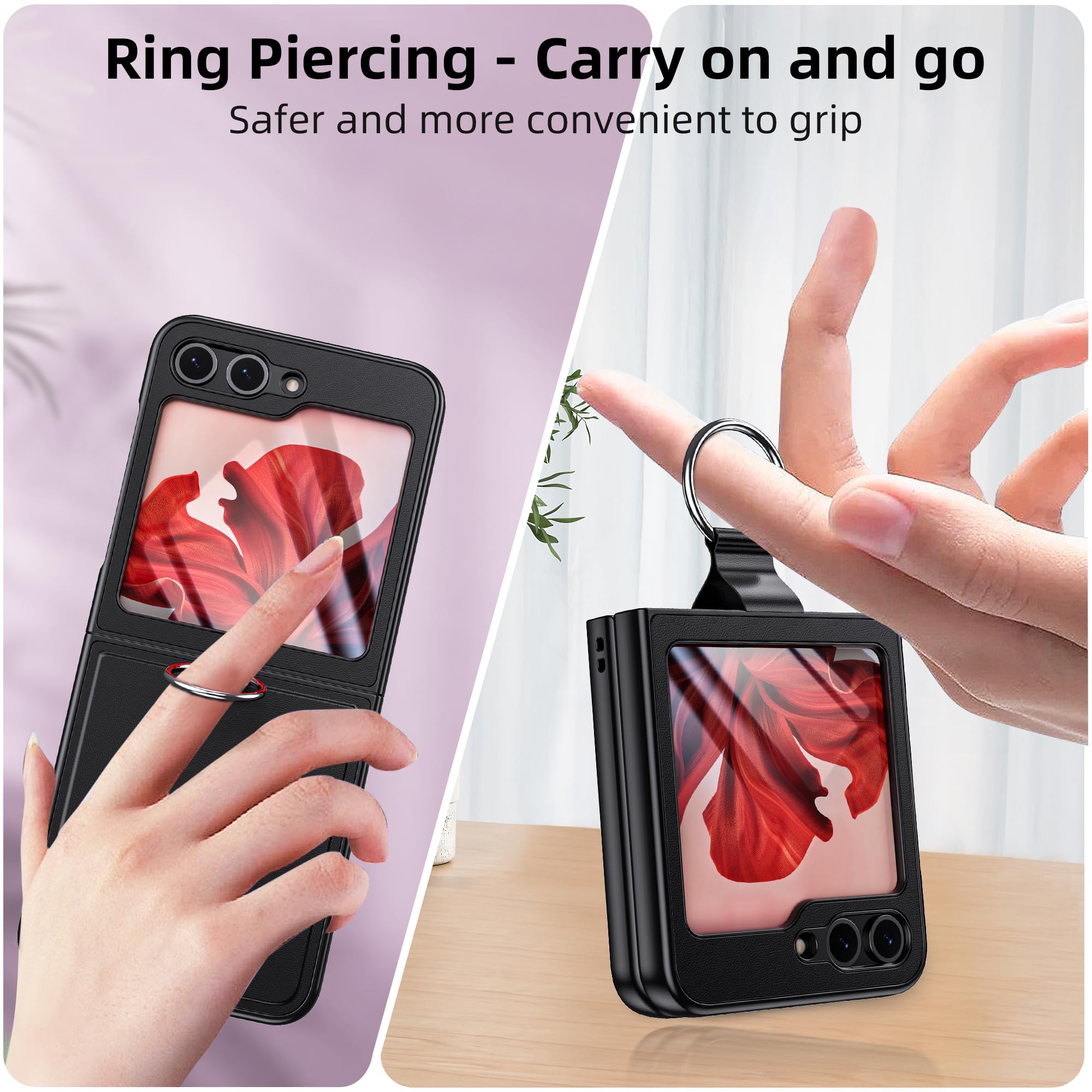 Hoerrye for Samsung Galaxy Z Flip 5 Case with ring [Built-in Magnet for MagSafe + Screen Protector] Wireless Charging PU Leather Slim Phone Cover for Galaxy Z Flip 5 5G 2023,Purple