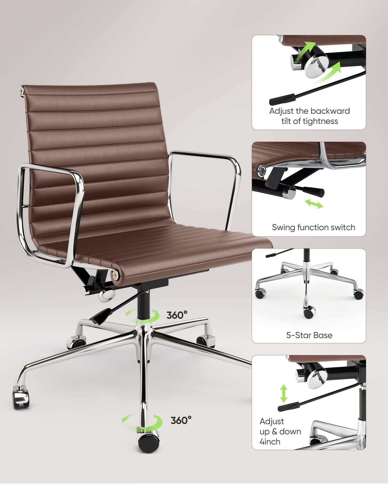 Ribbed Office Chair, Mid Back Top Black Grain Leather Desk Chair, Swivel Chair Adjustable Ergonomic Computer Desk Chair with Aluminium Alloy Frame and Silent Nylon Wheels